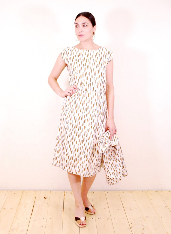 1960's Tan Geometric Print Silk Dress and Jacket / Ev… - Gem