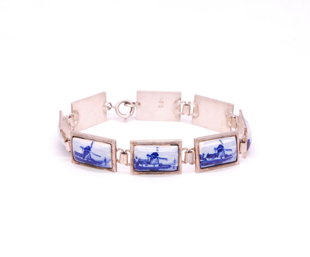 Antique Sterling Silver Delft Porcelain Windmill Pattern Bracelet ...