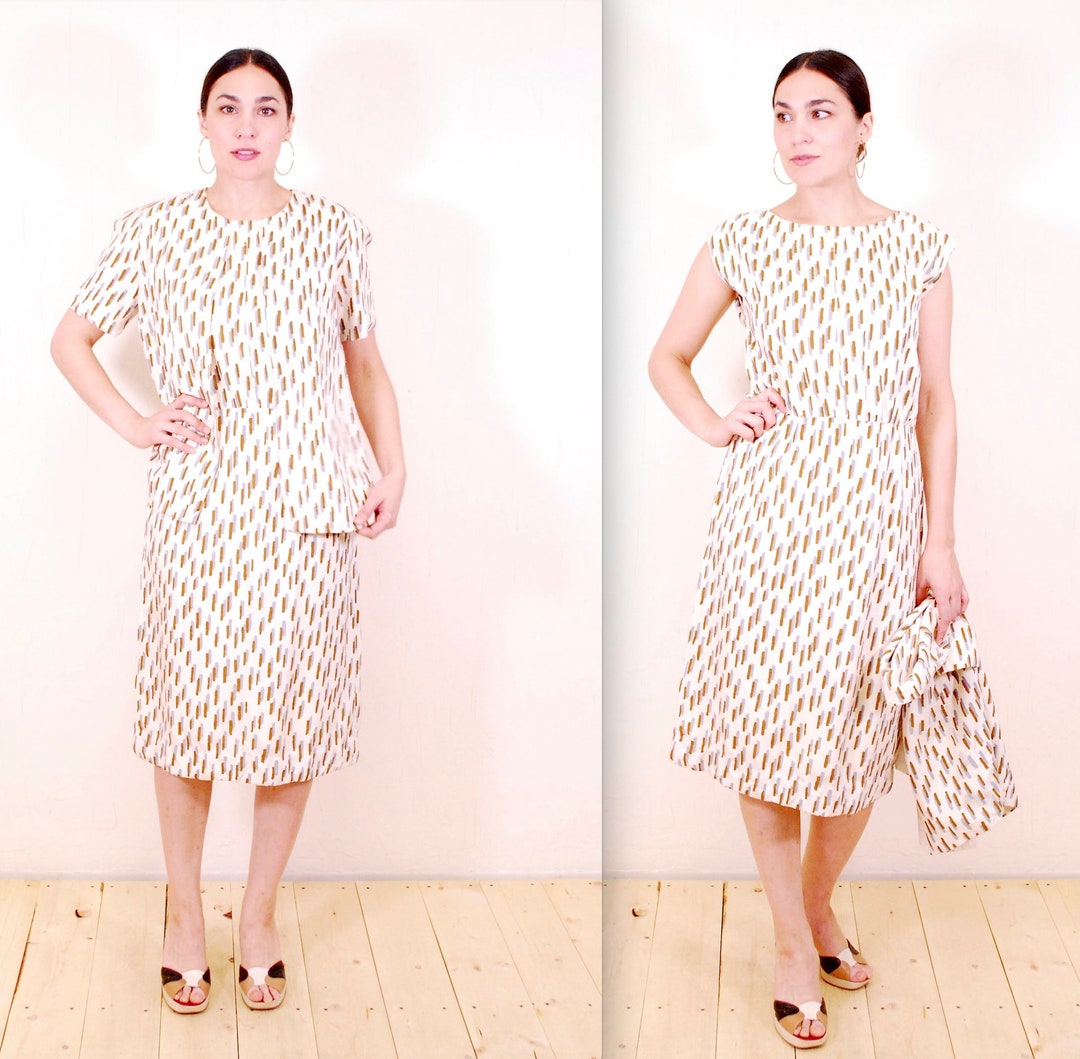 1960's Tan Geometric Print Silk Dress and Jacket / Evening Dress ...