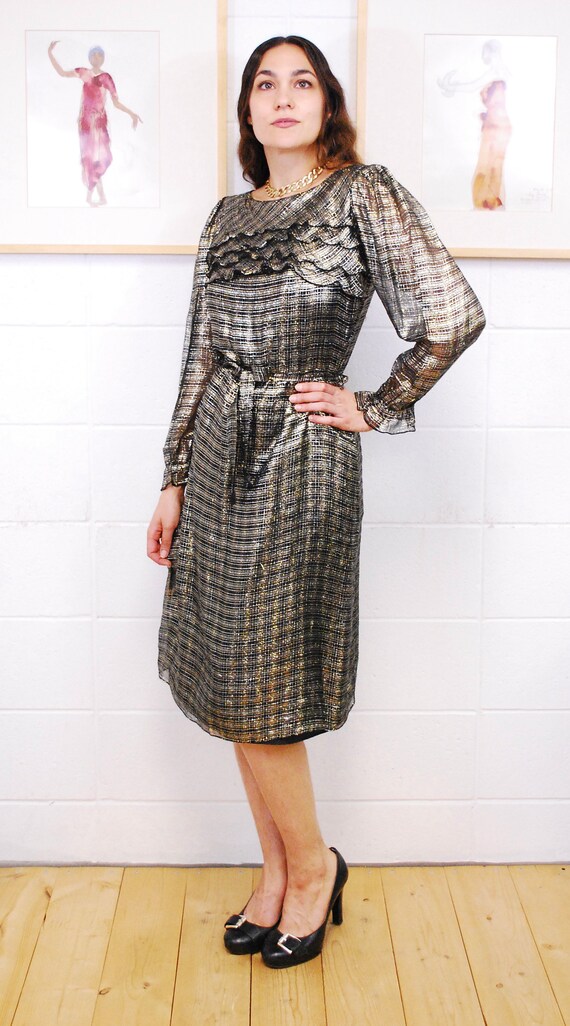 1980's Silver and Gold Lame FABU PARIS Ruffle Dress /… - Gem