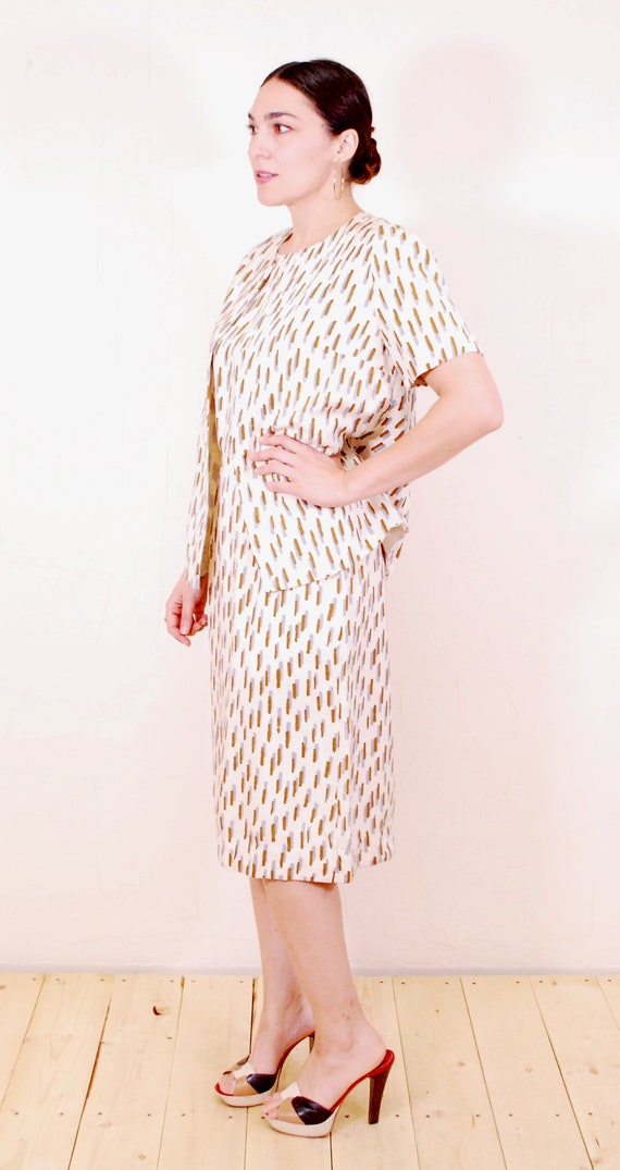 1960's Tan Geometric Print Silk Dress and Jacket / Ev… - Gem