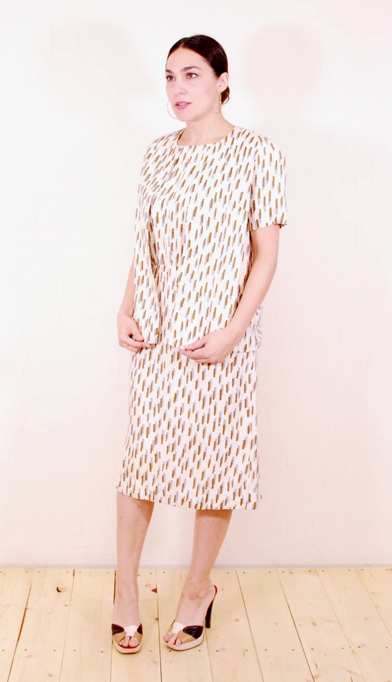 1960's Tan Geometric Print Silk Dress and Jacket / Ev… - Gem