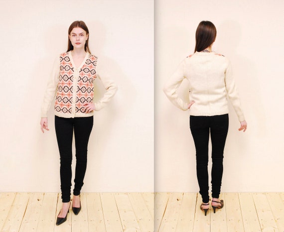 1950's/60's Ivory and Pink Fair Isle Hand Knit Cardig… - Gem