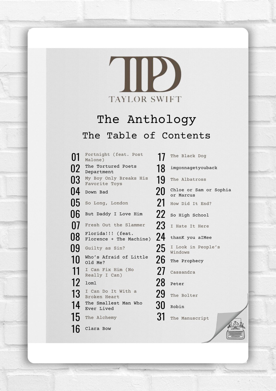 Tortured Poets Department the Anthology Track List Poster With Song Titles Table of Contents for ...