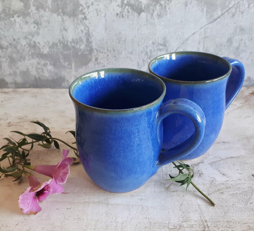 Ceramic Blue Mug Set, SET OF TWO, Pottery Blue Coffee Mugs Set, Pottery ...