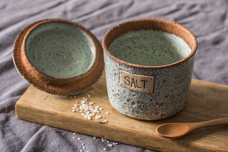 Ceramic Light Blue Salt Cellar, Ceramic Salt Canister, Pottery Salt Jar ...