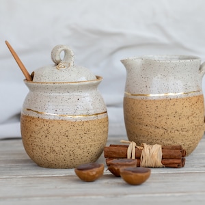 Ceramic Rustic Sugar Bowl and a Creamer With a GOLD Line, Pottery Sugar ...