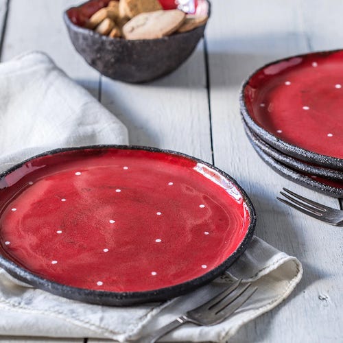 Ceramic Polka Dot Red Plates Set SET OF 2 - Etsy