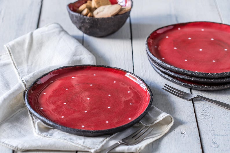 Ceramic Polka Dot Red Plates Set, Set of 2, Pottery Dessert Plates ...