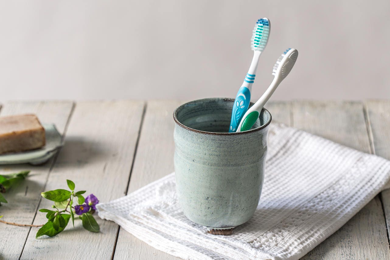 Ceramic Light Blue Bathroom Set, SET OF TWO, Ceramic Toothbrush Holder ...