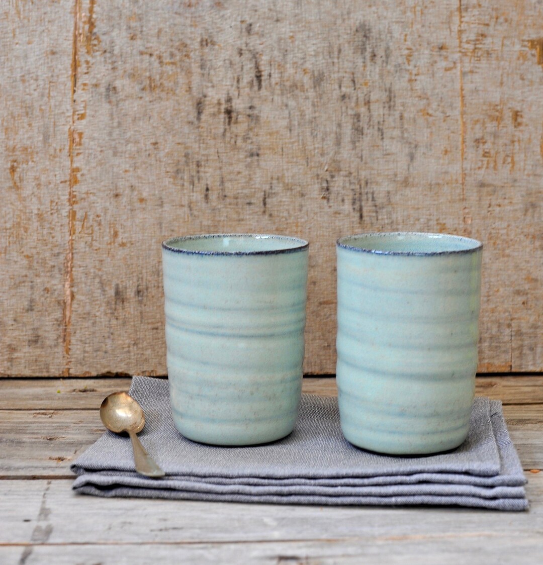 Pottery Light Blue Mug Set, Handless Light Blue Cups, Pottery Cup Set ...