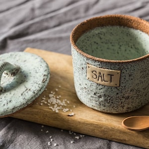 Ceramic Light Blue Salt Cellar, Ceramic Salt Canister, Pottery Salt Jar ...