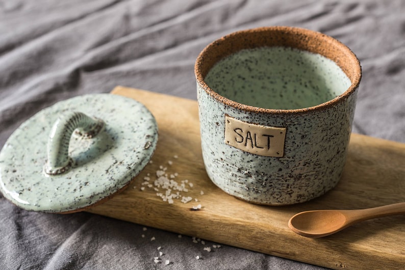 Ceramic Light Blue Salt Cellar, Ceramic Salt Canister, Pottery Salt Jar ...