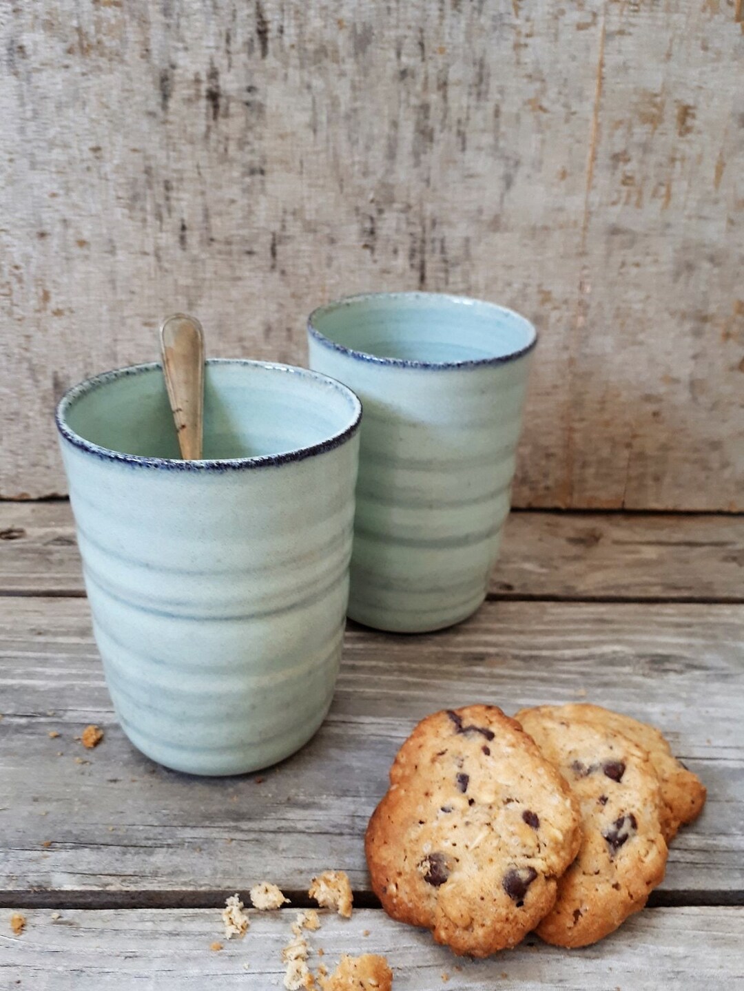 Pottery Handless Light Blue Mug Set, Ceramic Tea Cups Set, Light Blue ...