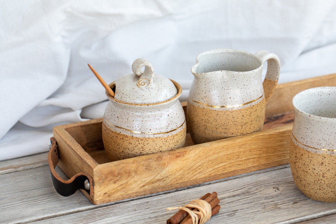 Ceramic Rustic Sugar Bowl and a Creamer With a GOLD Line, Pottery Sugar ...
