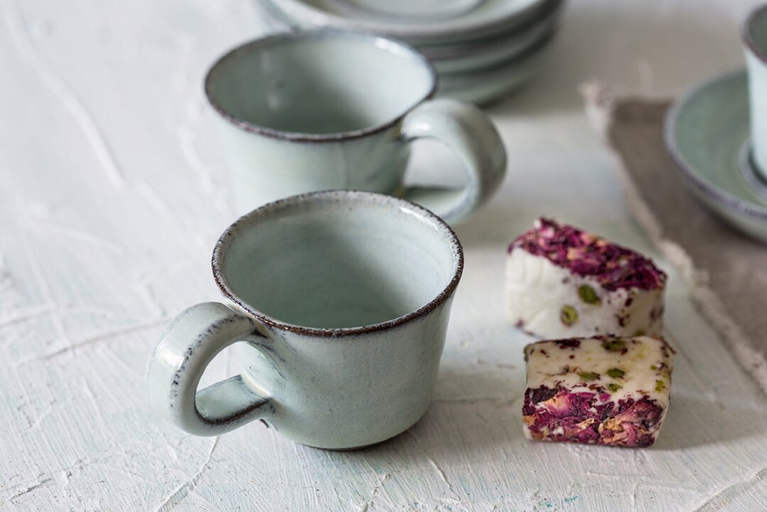 Pottery Light Blue Espresso 2 Cups and 2 Saucers Set, Small Ceramic ...
