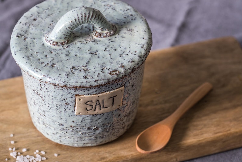 Ceramic Light Blue Salt Cellar, Ceramic Salt Canister, Pottery Salt Jar ...