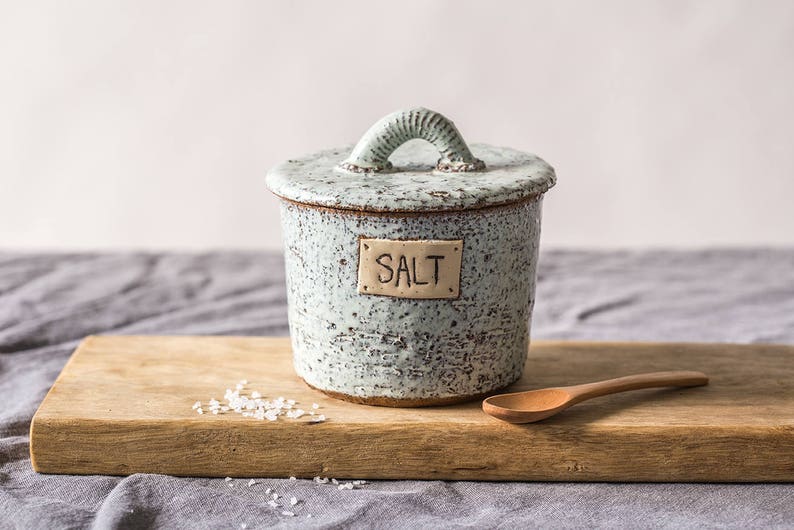 Ceramic Light Blue Salt Cellar, Ceramic Salt Canister, Pottery Salt Jar ...