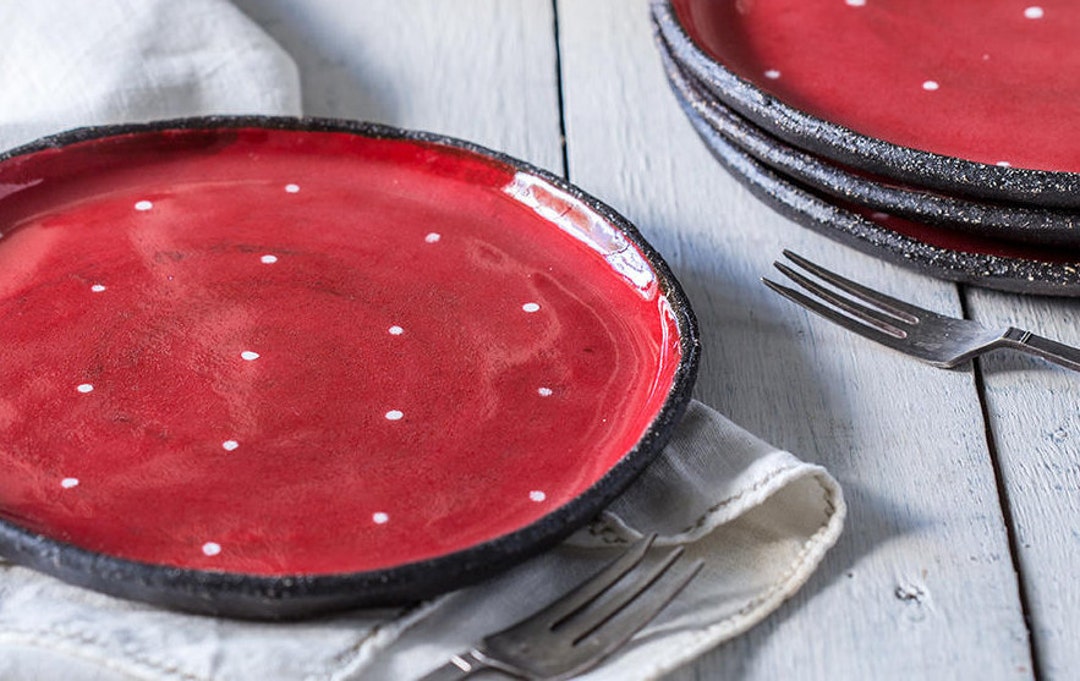 Ceramic Polka Dot Red Plates Set, SET OF 2, Pottery Dessert Plates ...