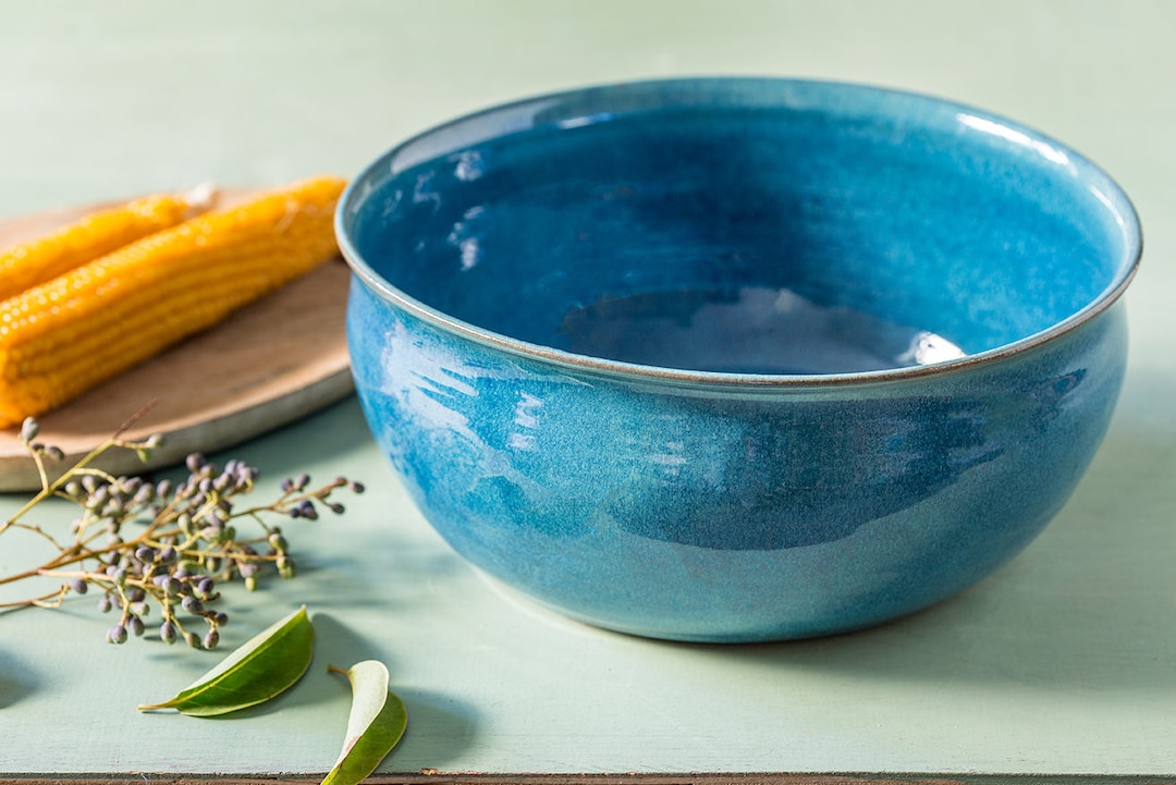 Big Pottery Turquoise Bowl, Big Ceramic Turquoise Bowl, Ceramic Serving ...