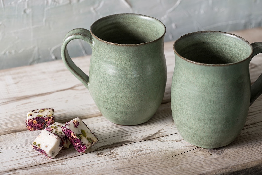 Big Pottery Light Green Mug Set, Big Ceramic Mugs Set, Big Ceramic ...