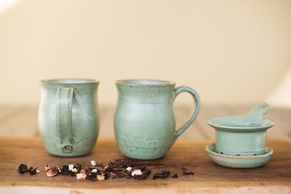 Pottery green mug set handmade SET OF 2 mugs Ceramic tea | Etsy