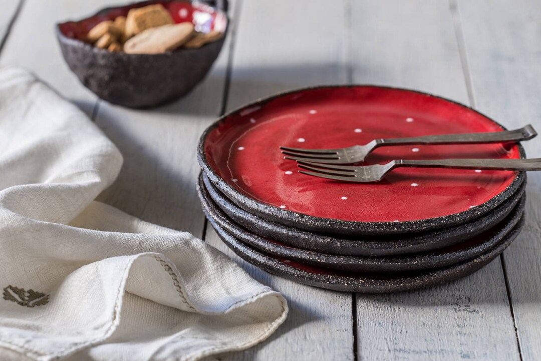 Small Ceramic Plates, Ceramic Dessert Red Plates Set, Pottery Red ...