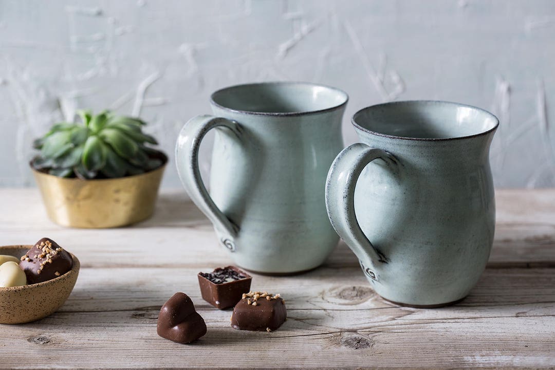 Handmade Ceramic Mug Set, Big Light Blue Pottery Mugs, Oversized Coffee ...