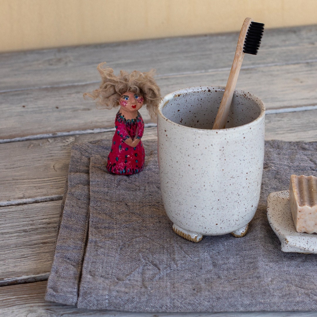 Ceramic Utensil Holder, Pottery Semi Matte White Toothbrush Holder ...