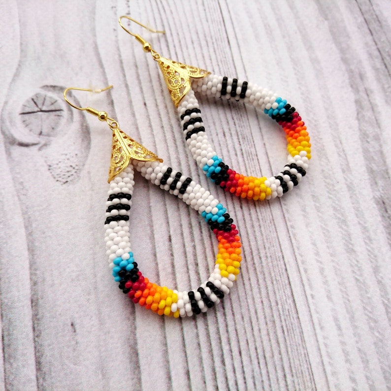 Tribal Teardrop Seed Bead Earrings White Native American Etsy