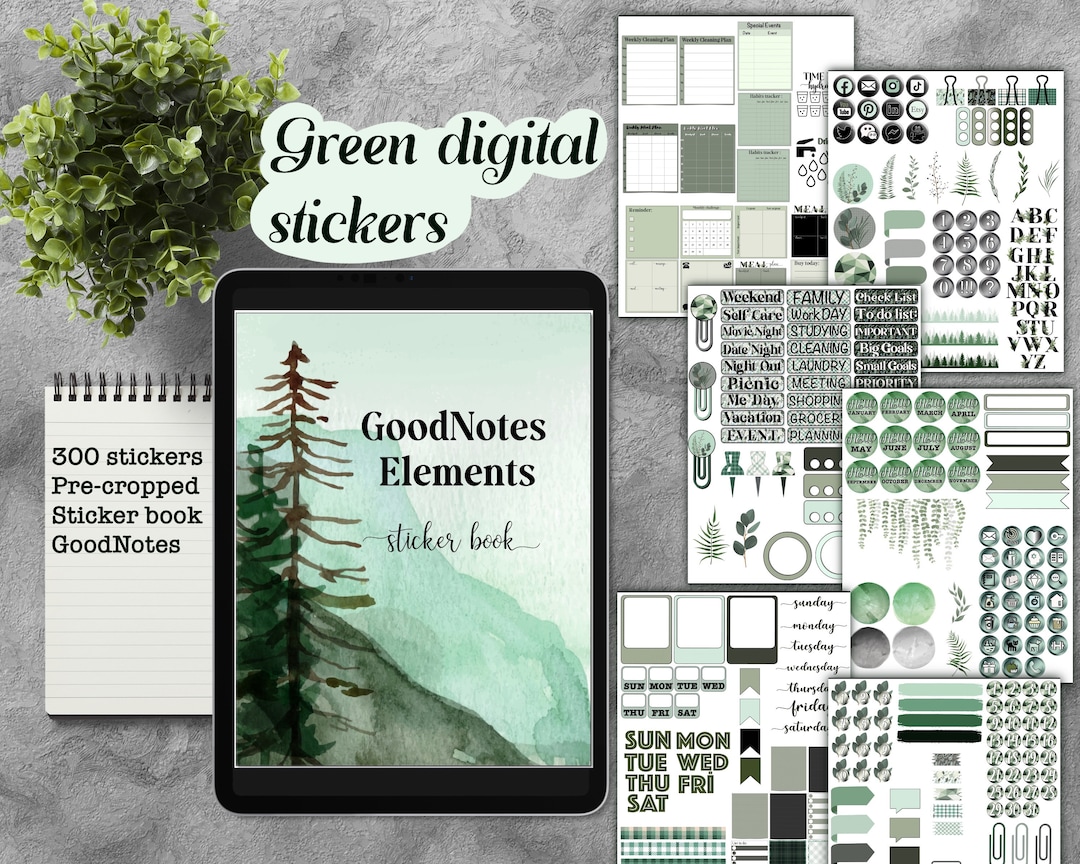 Goodnotes Stickers Digital Elements and Bonus Green Functional Stickers ...