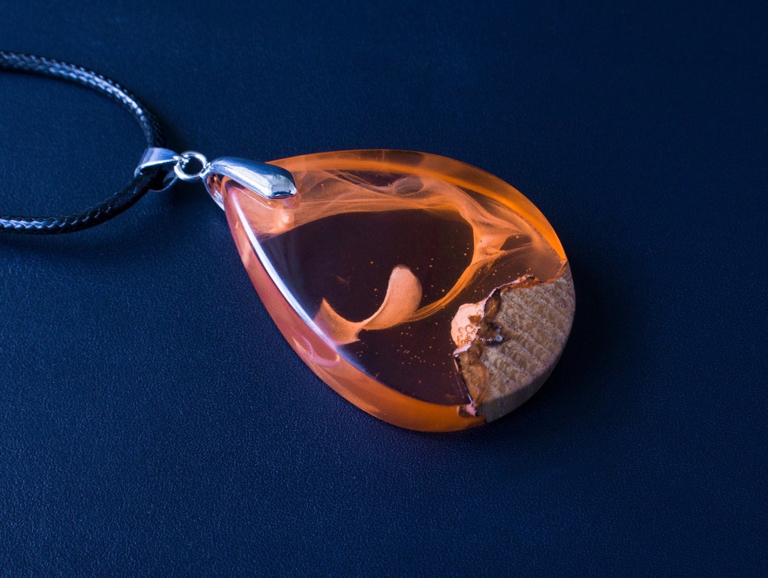 Orange Epoxy Resin Pendant: Handmade Wooden Base Necklace - Etsy