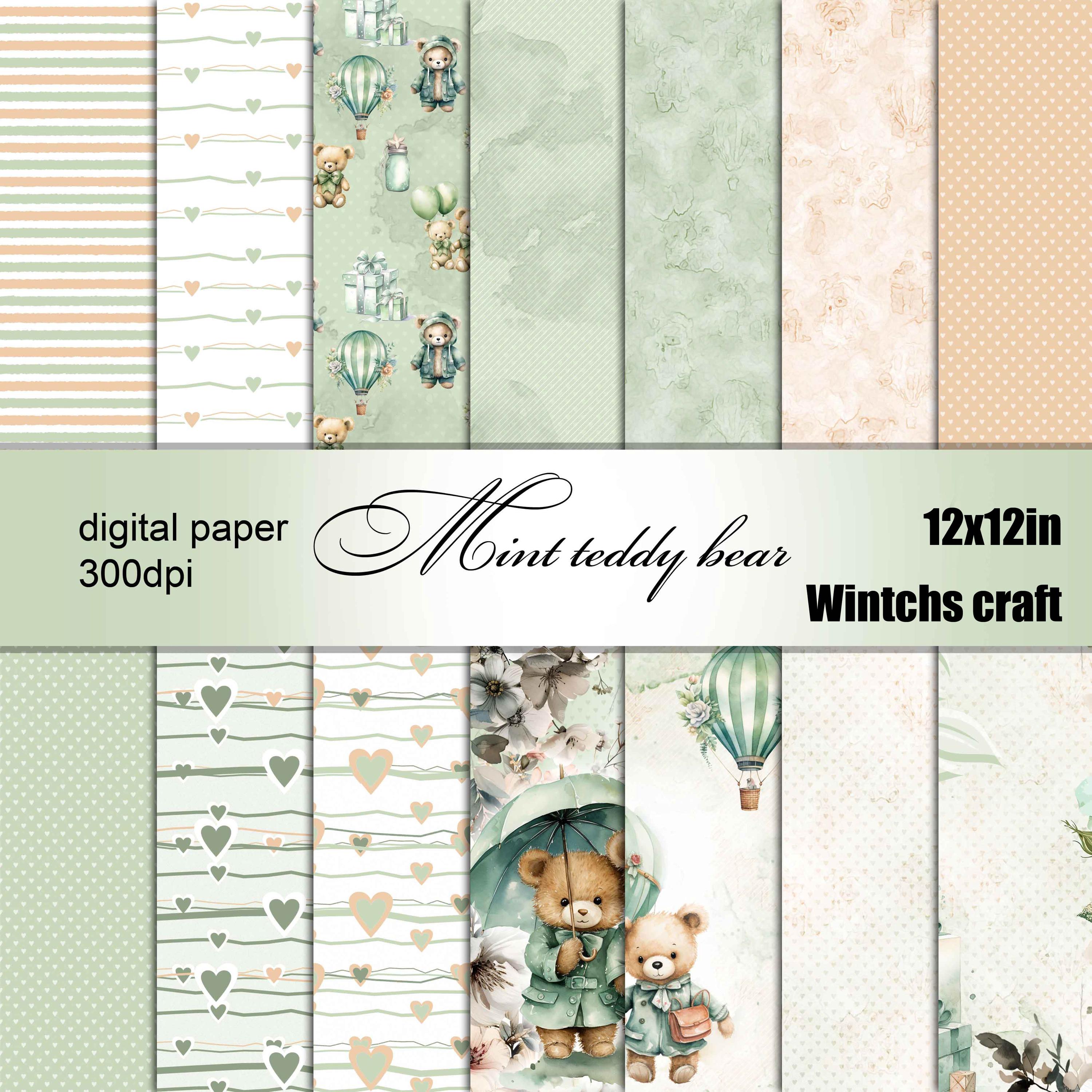14 Digital Paper Mint Baby Girl Boy Scrapbook Teddy Bear Paper Digital ...