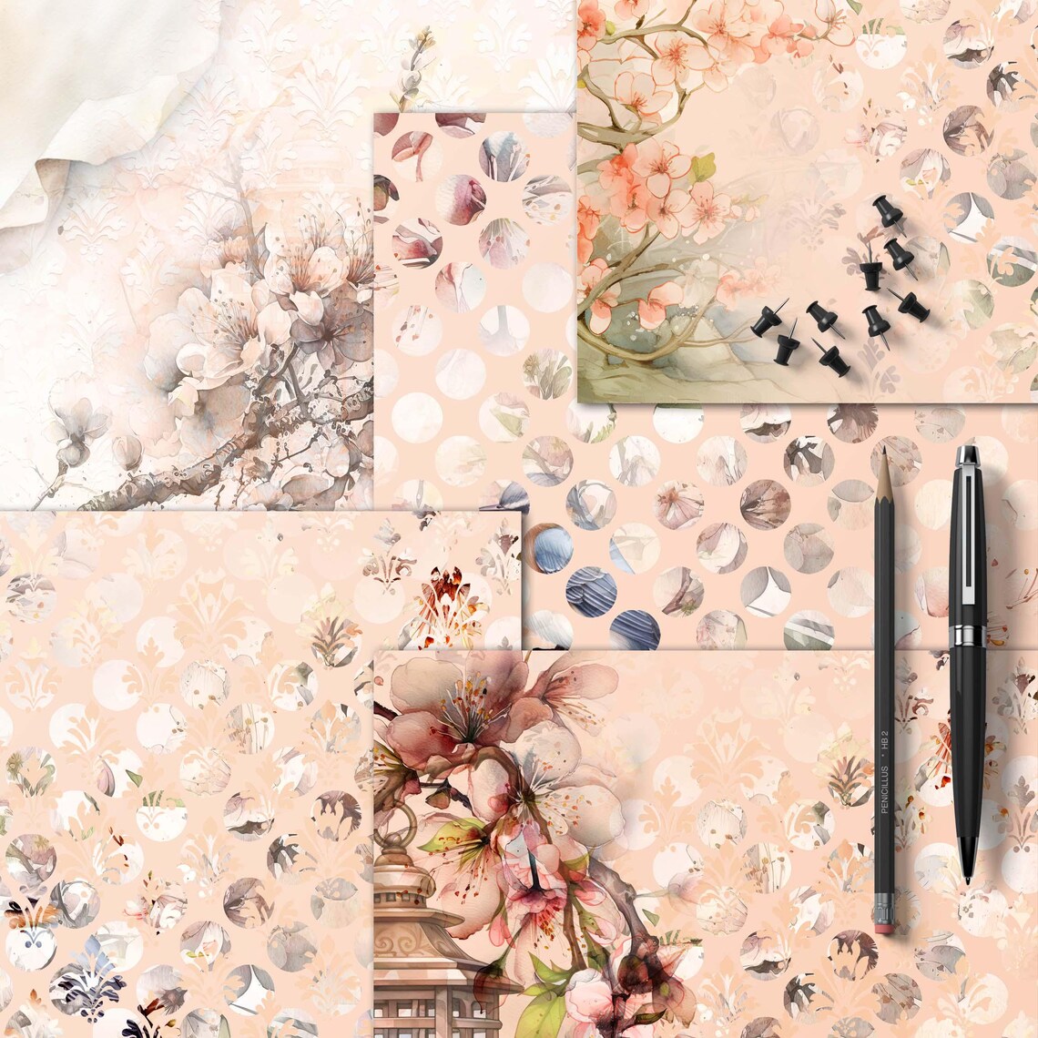 14 Digital Paper Sakura Cherry Blossom Flower Digital Background ...