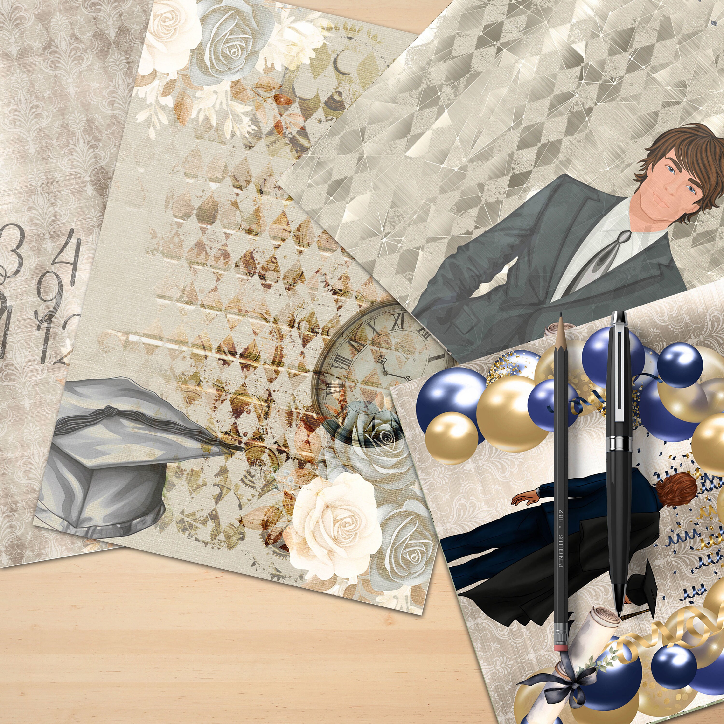 14 A4 Digital Paper Graduation Boy Scrapbook School Male Men Paper ...