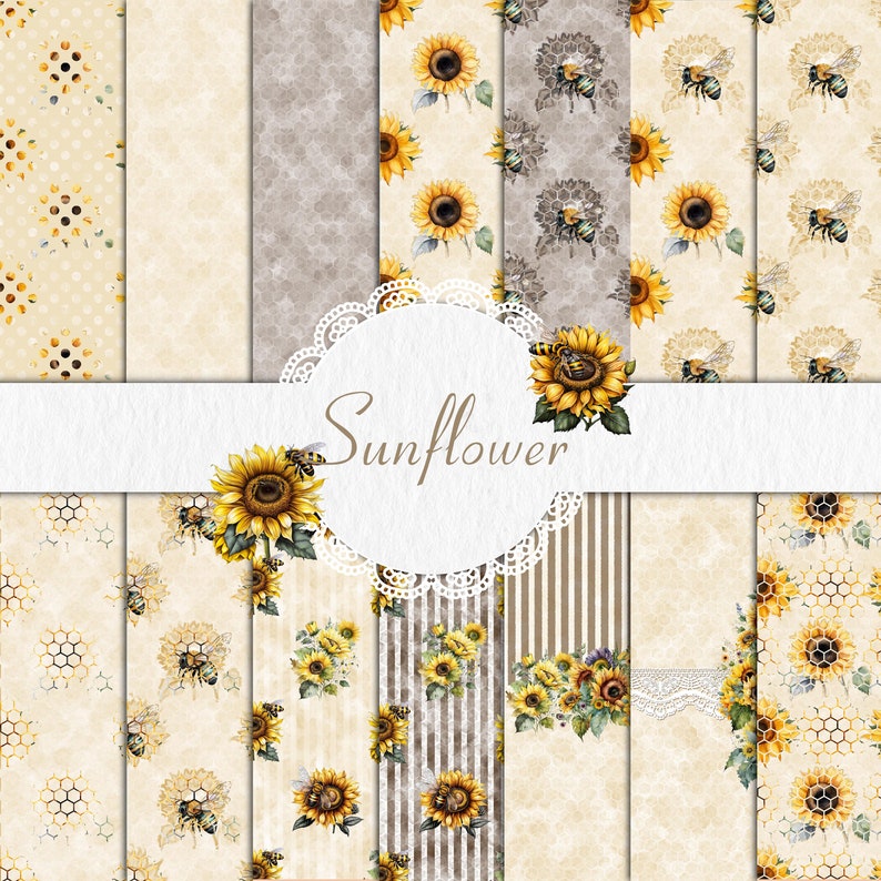 Sunflower Scrapbook Digital Paper Digiral Paper Flower Bee Digital ...
