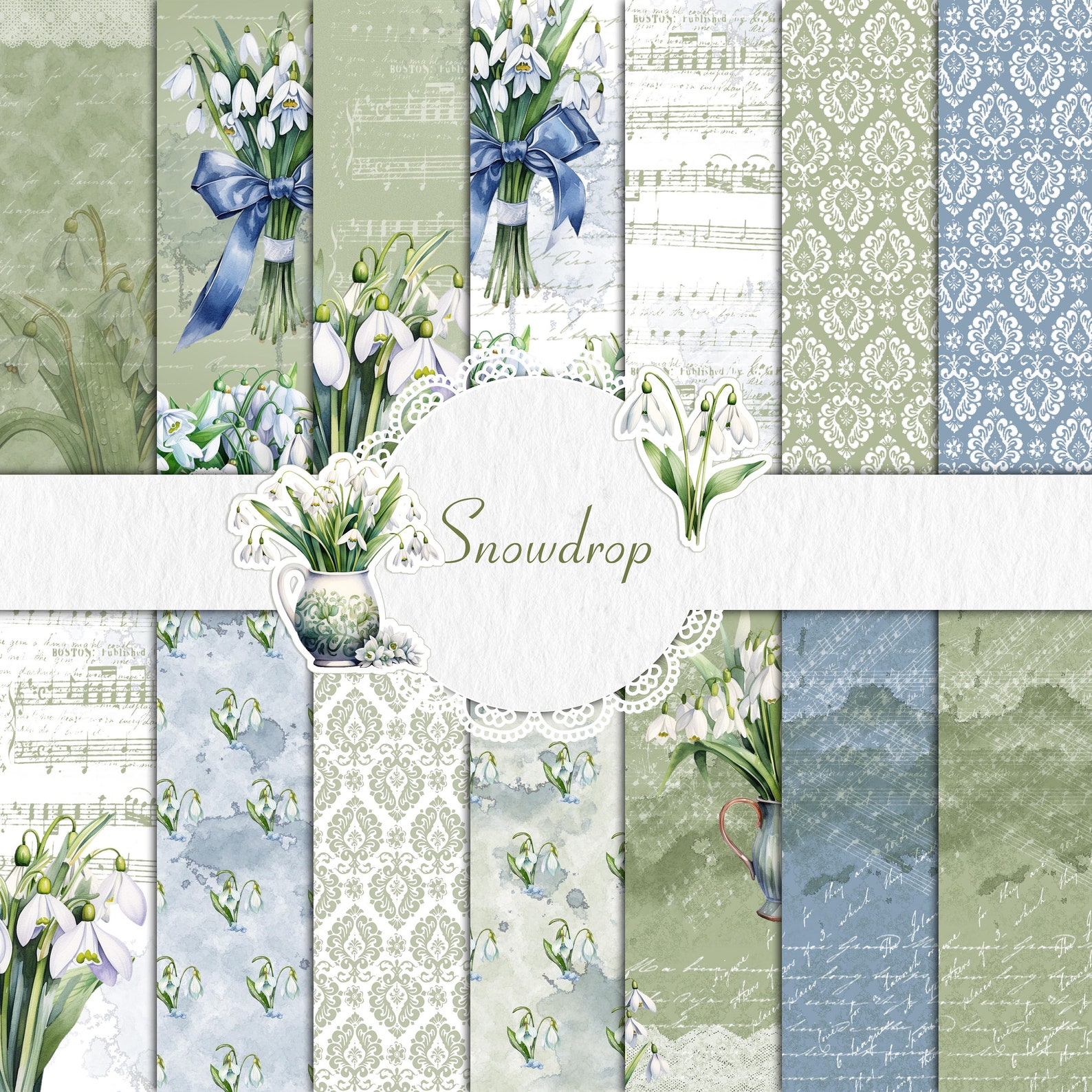 14 А4 Digital Paper Green Snowdrop Scrapbook Snowdrop Digital ...