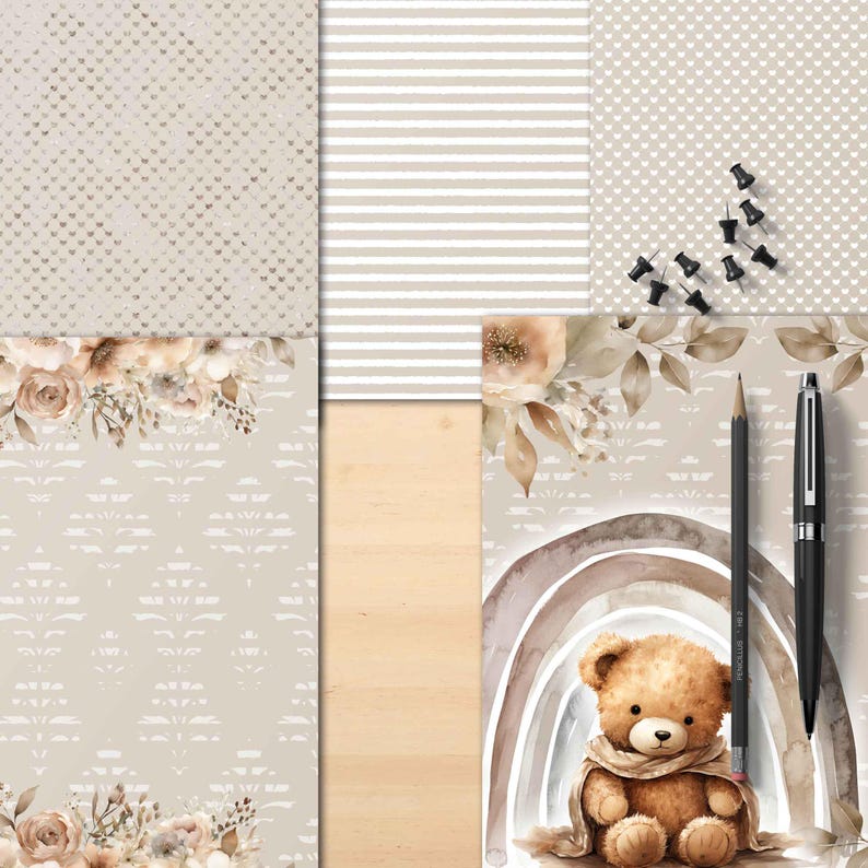 14 Digital Paper Beige Baby Scrapbook Teddy Bear Paper Digital ...