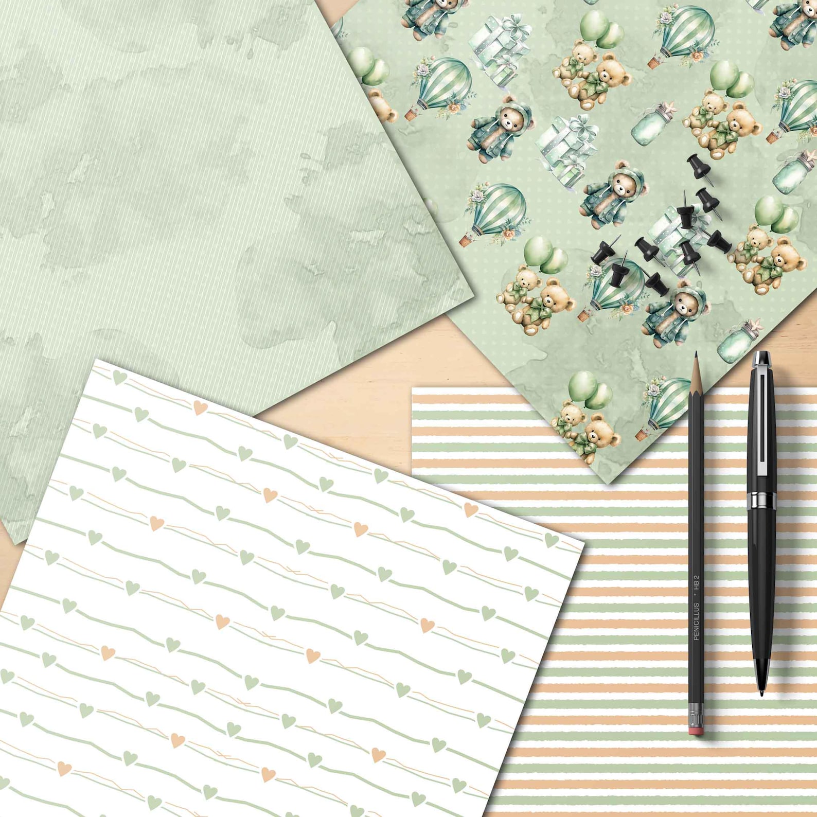 14 Digital Paper Mint Baby Girl Boy Scrapbook Teddy Bear Paper Digital ...