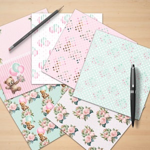 Girl Digital Paper Roses Teddy Bear Digital Pattern Paper Pack Digital ...