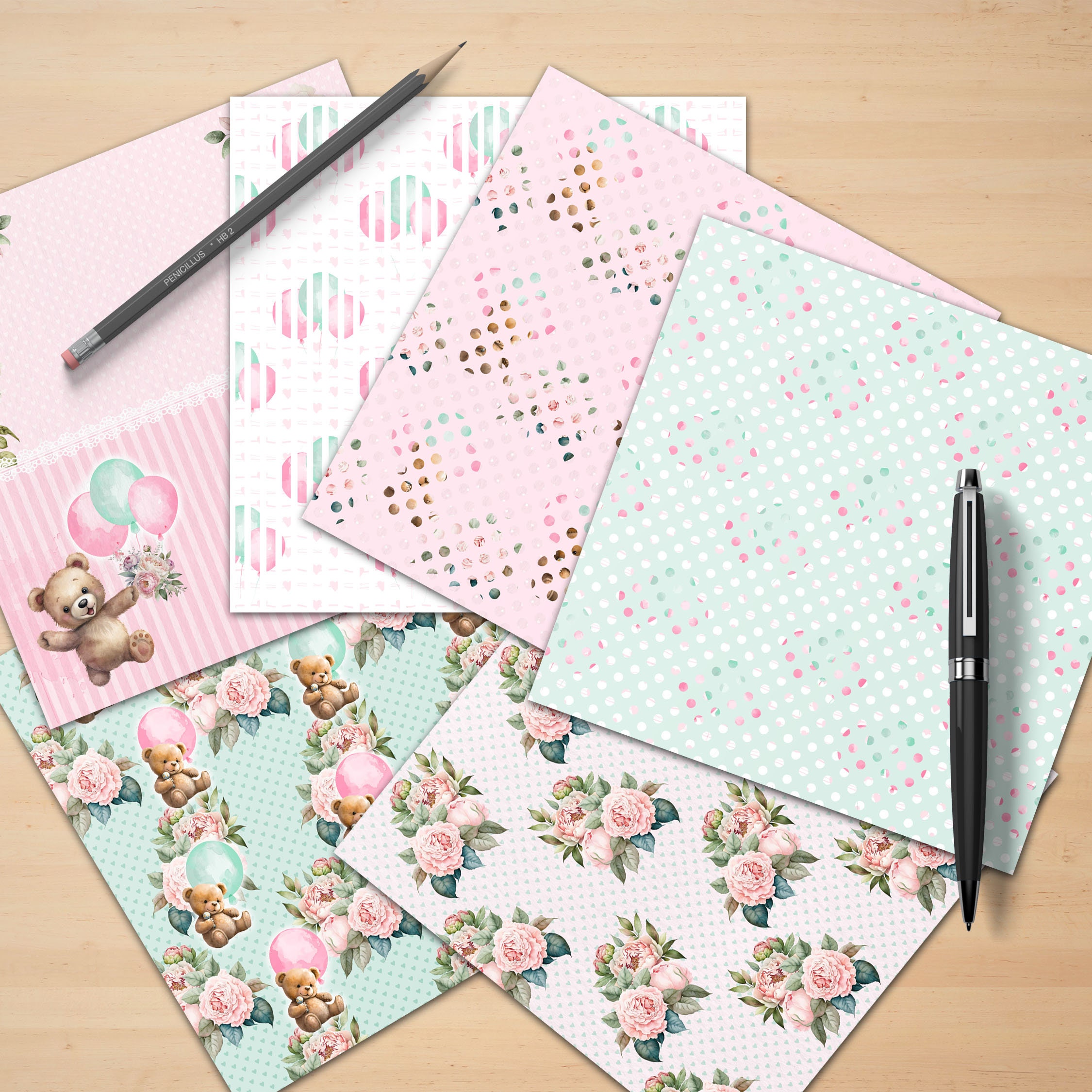 Girl Digital Paper Roses Teddy Bear Digital Pattern Paper Pack Digital ...