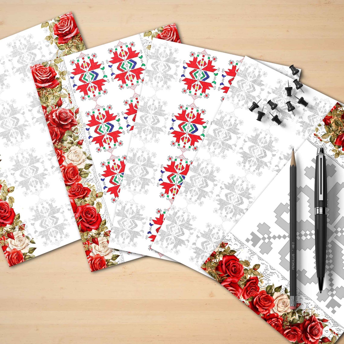 A4 Bulgarian Embroidery Digital Paper Ethno Paper Background Spirid of ...