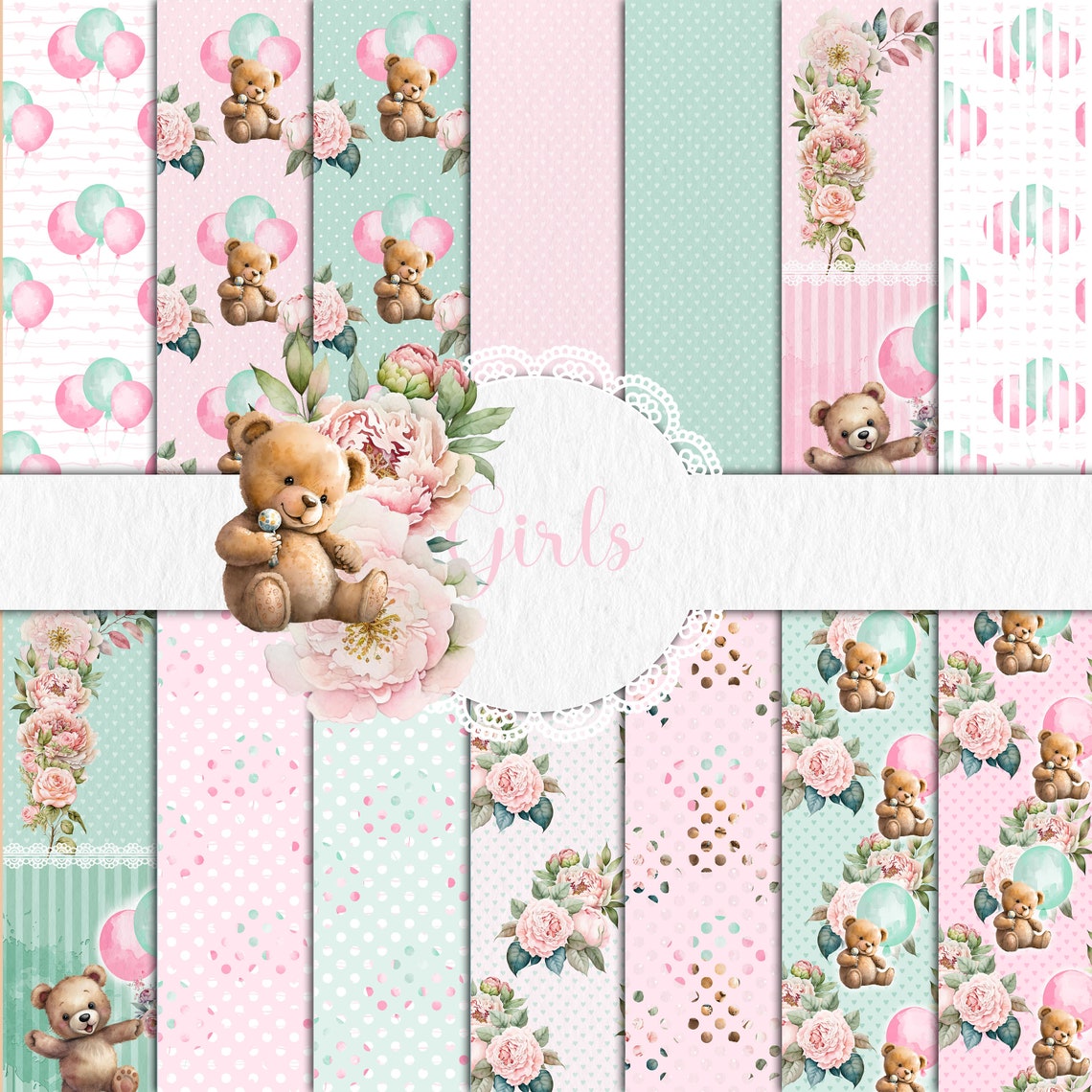 Girl Digital Paper Roses Teddy Bear Digital Pattern Paper Pack Digital ...