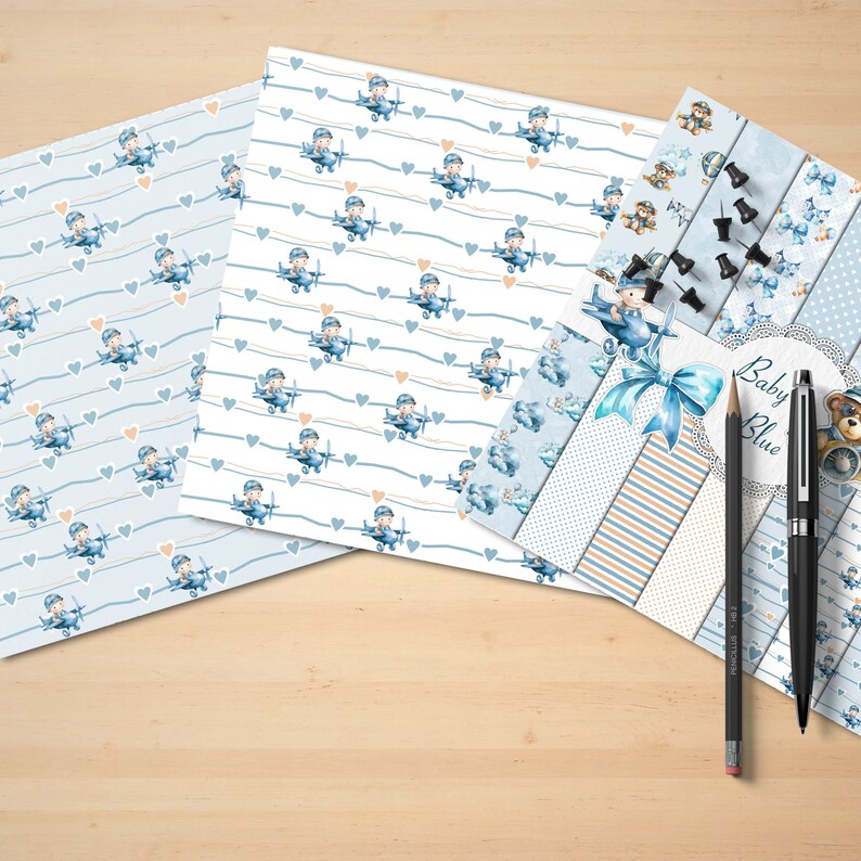14 Digital Paper Blue Baby Boy Scrapbook Teddy Bear Paper Digital ...