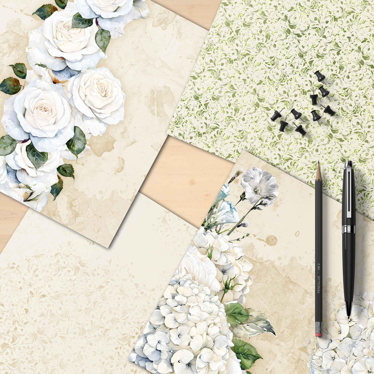 Digital Paper and Clipart White Flowers Element Roses Hydrangea Digital ...