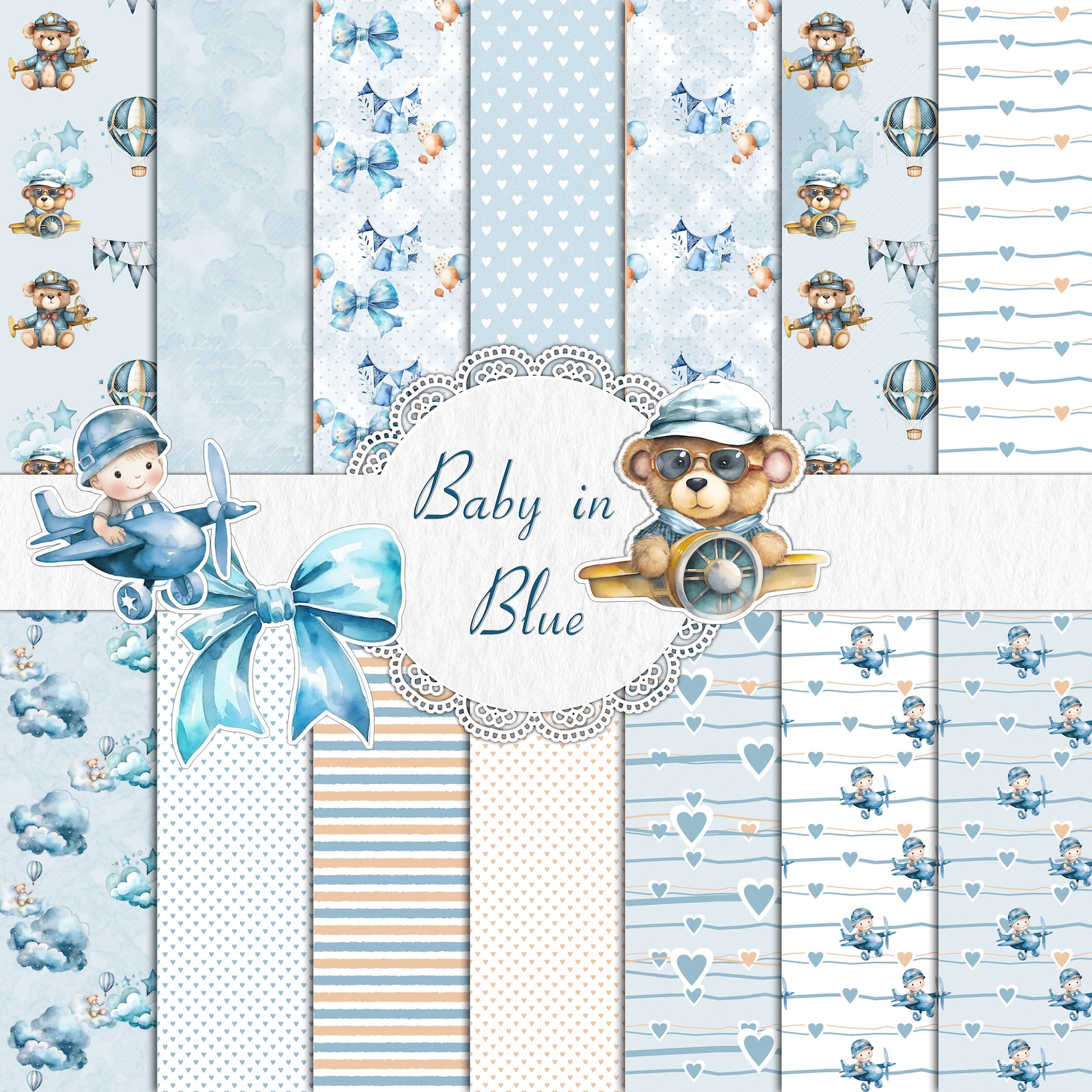 14 Digital Paper Blue Baby Boy Scrapbook Teddy Bear Paper Digital ...