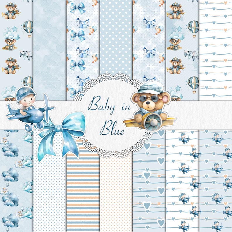 14 Digital Paper Blue Baby Boy Scrapbook Teddy Bear Paper Digital ...