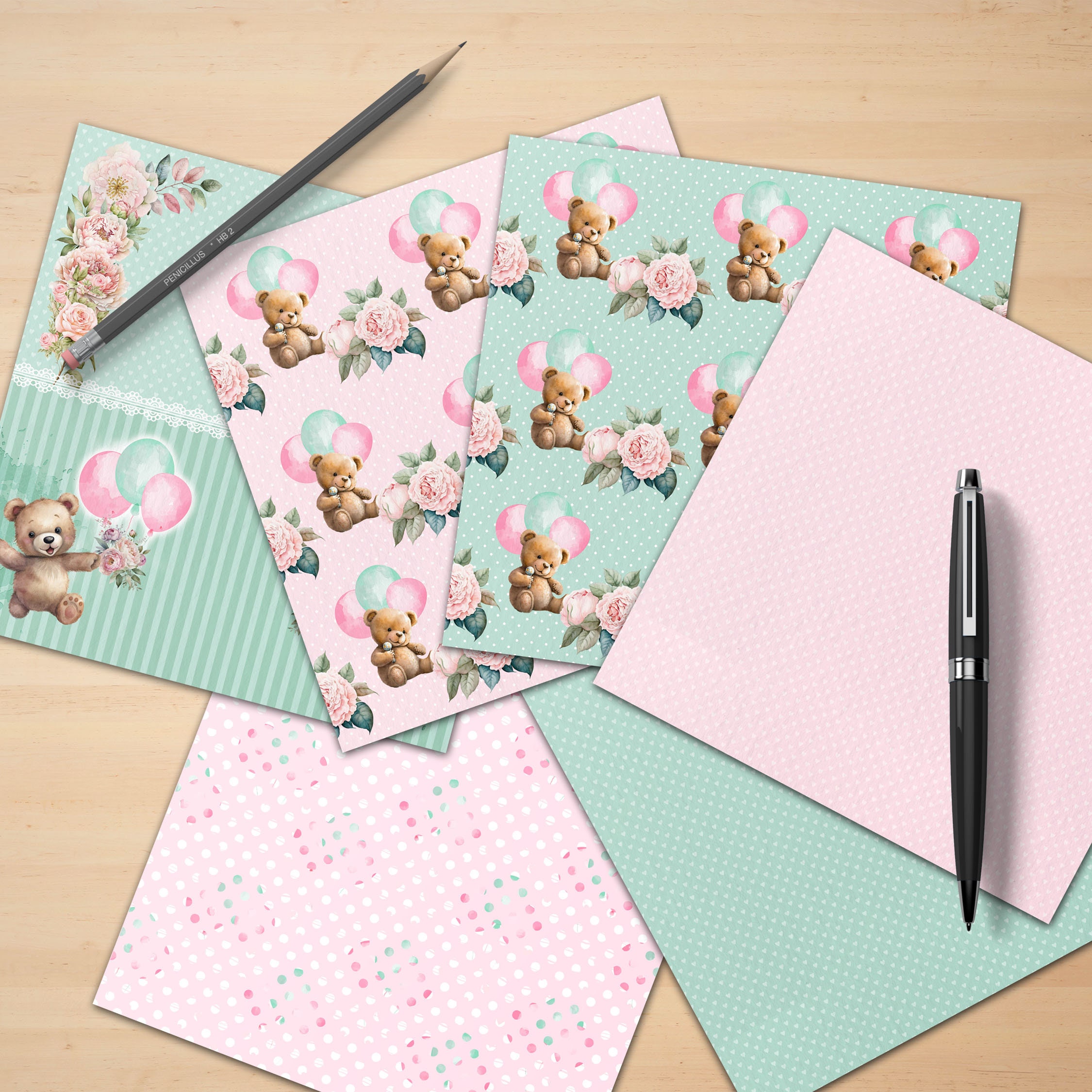 Girl Digital Paper Roses Teddy Bear Digital Pattern Paper Pack Digital ...