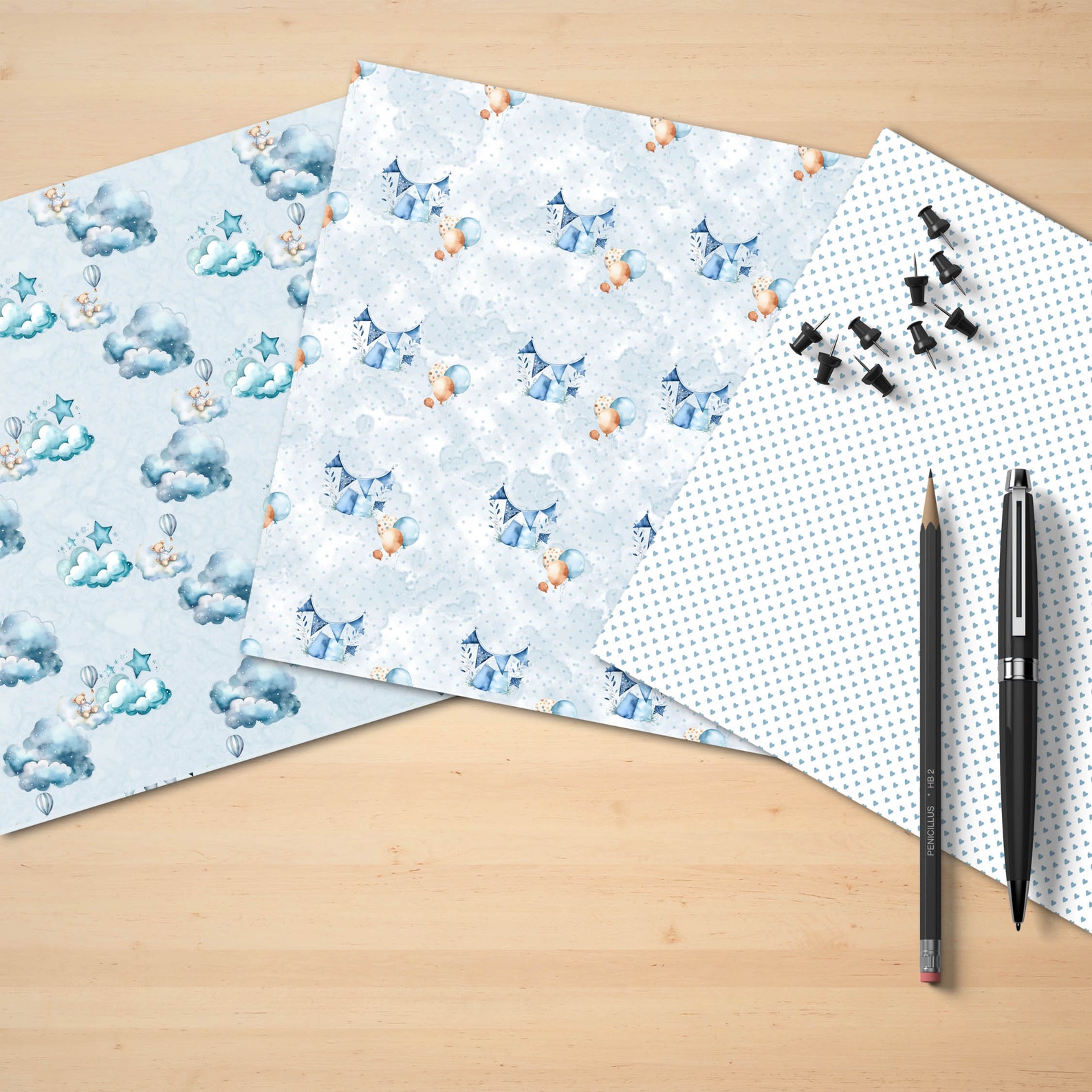 14 Digital Paper Blue Baby Boy Scrapbook Teddy Bear Paper Digital ...