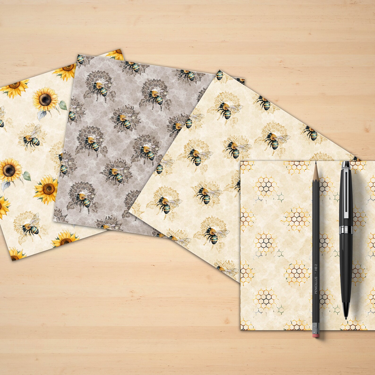 Sunflower Scrapbook Digital Paper Digiral Paper Flower Bee Digital ...